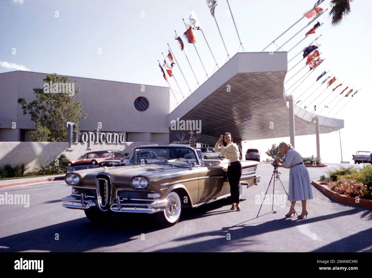 LAS VEGAS, NV - 1958: Actress and model Kitty Dolan poses next to a ...