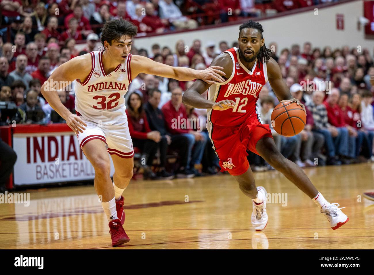 Indiana guard Trey Galloway (32) defends Ohio State guard Evan Mahaffey ...