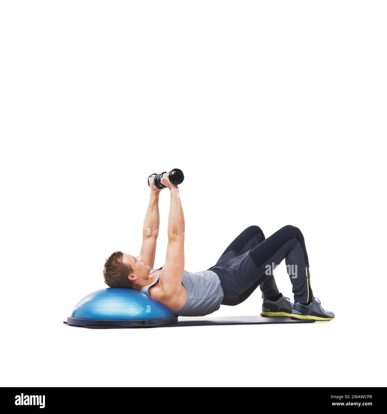 Fitness, bosu ball or man in dumbbell exercise performance for wellness ...