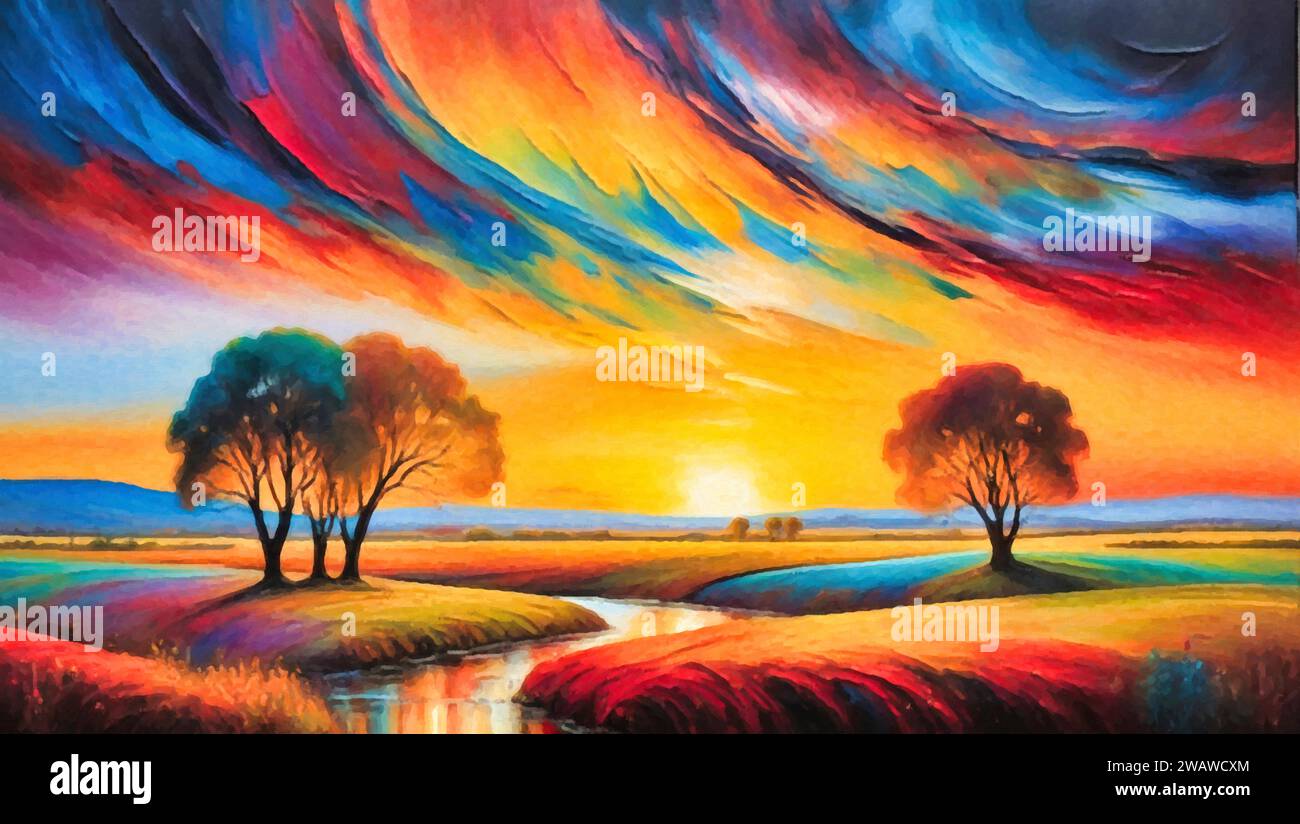 Vibrant and dramatic landscape painting. powerful and emotional view of ...