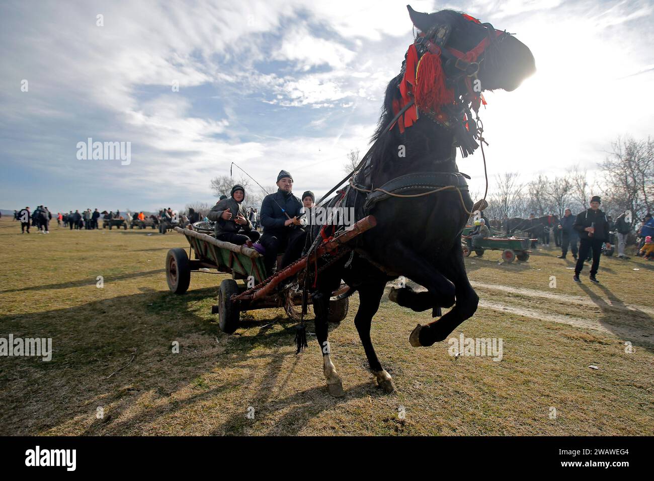 Beijing, Romania. 6th Jan, 2024. Villagers arrive in a horse-driven ...