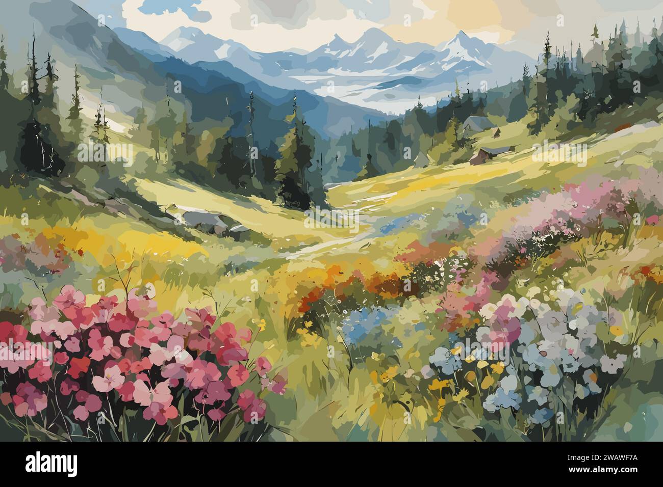 Vintage watercolor painting of mountain valley meadow flower valley ...