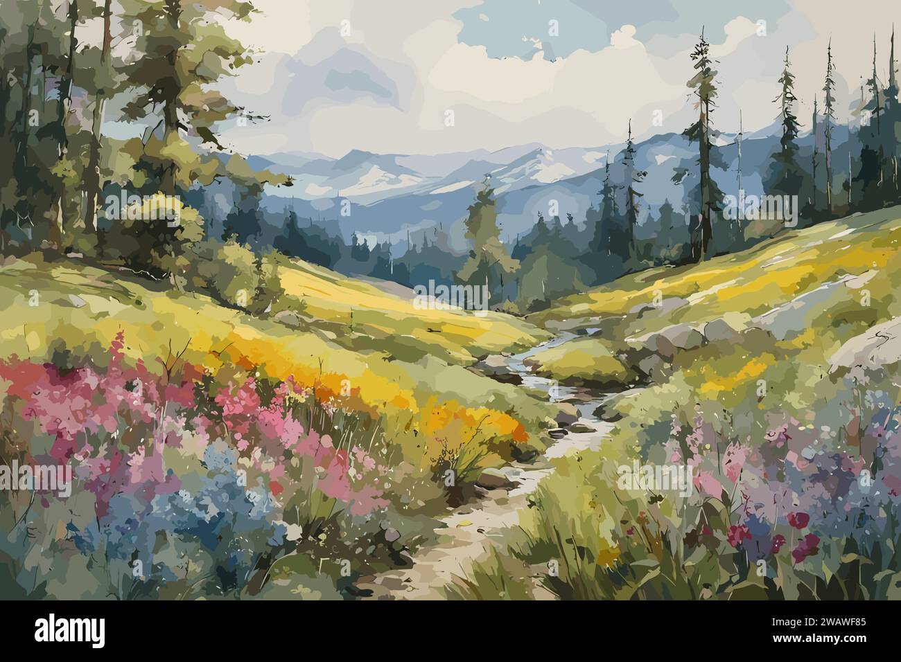 Vintage watercolor painting of mountain valley meadow flower valley ...