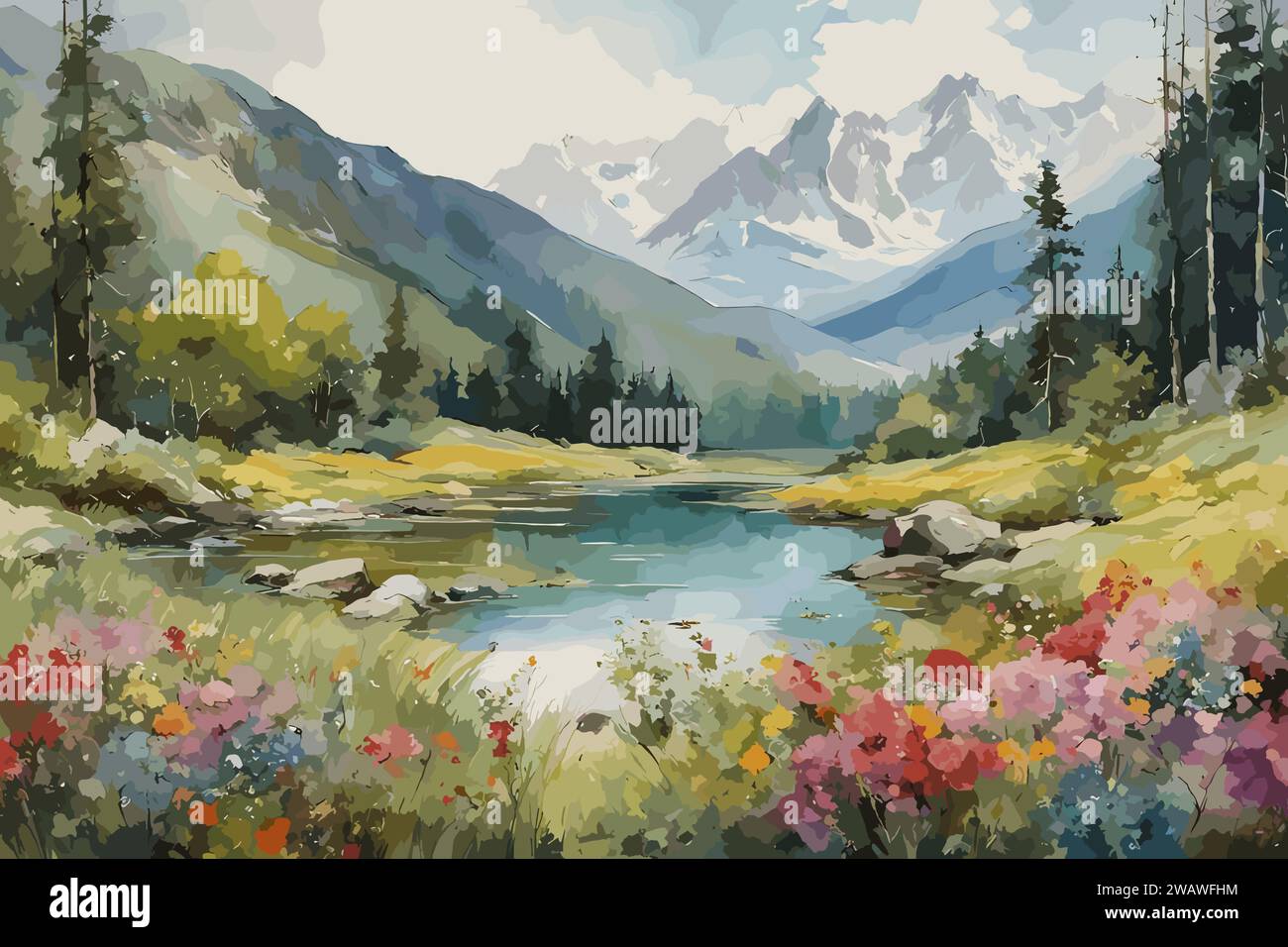 Vintage watercolor painting of mountain valley meadow flower valley ...