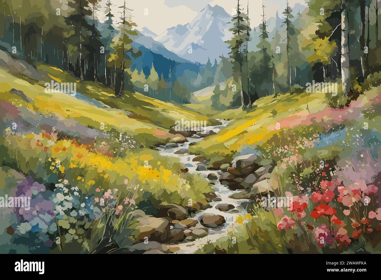 Vintage watercolor painting of mountain valley meadow flower valley ...