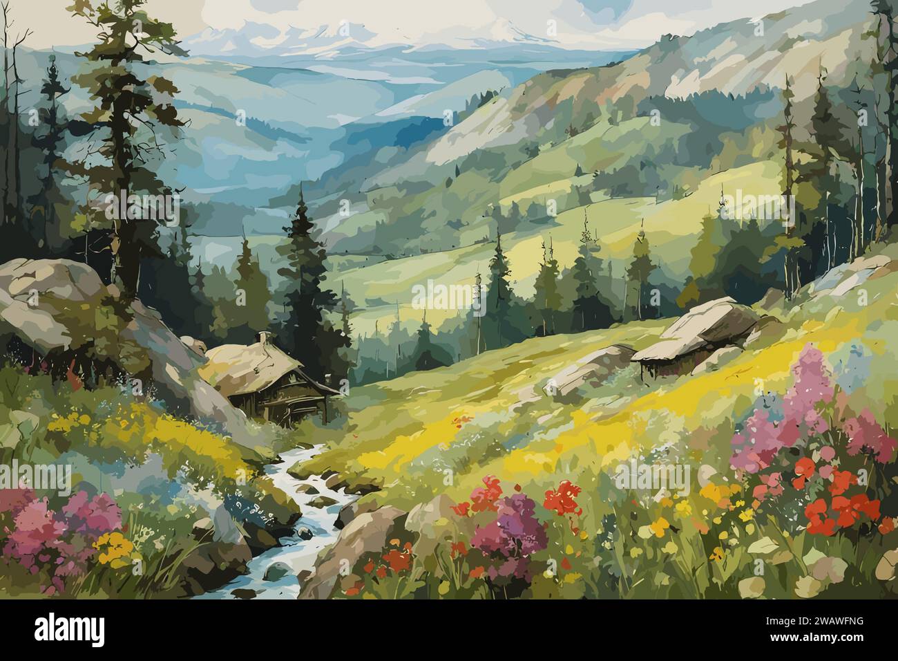 Vintage watercolor painting of mountain valley meadow flower valley ...