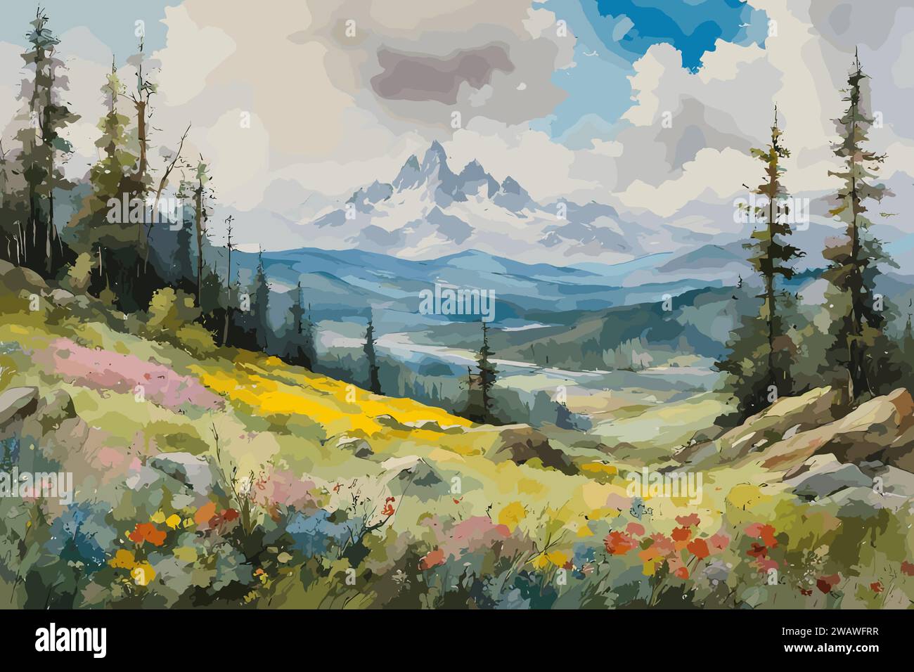 Vintage watercolor painting of mountain valley meadow flower valley ...