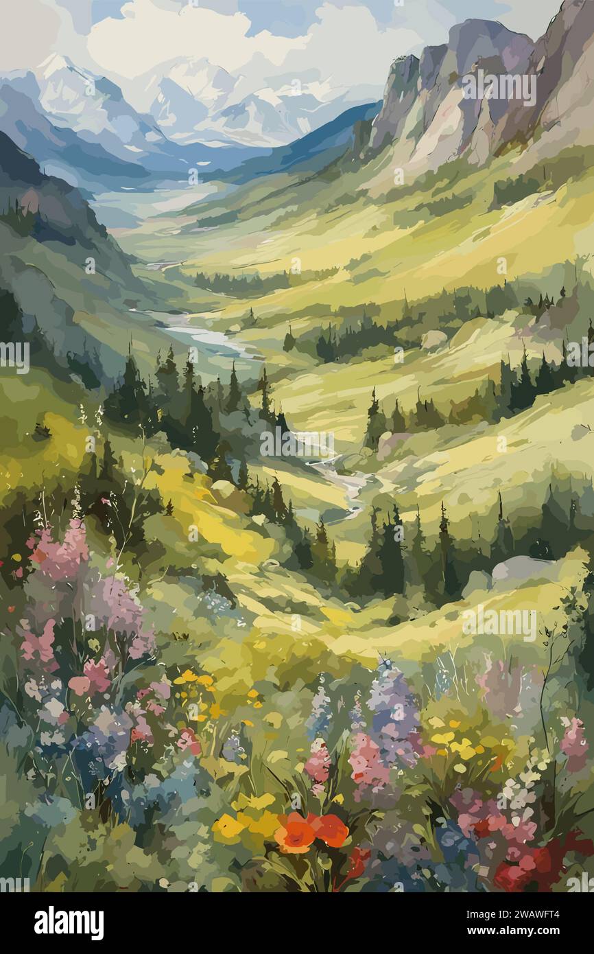 Vintage watercolor painting of mountain valley meadow flower valley ...