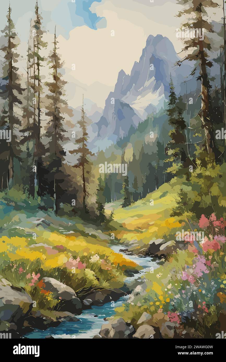 Vintage watercolor painting of mountain valley meadow flower valley ...
