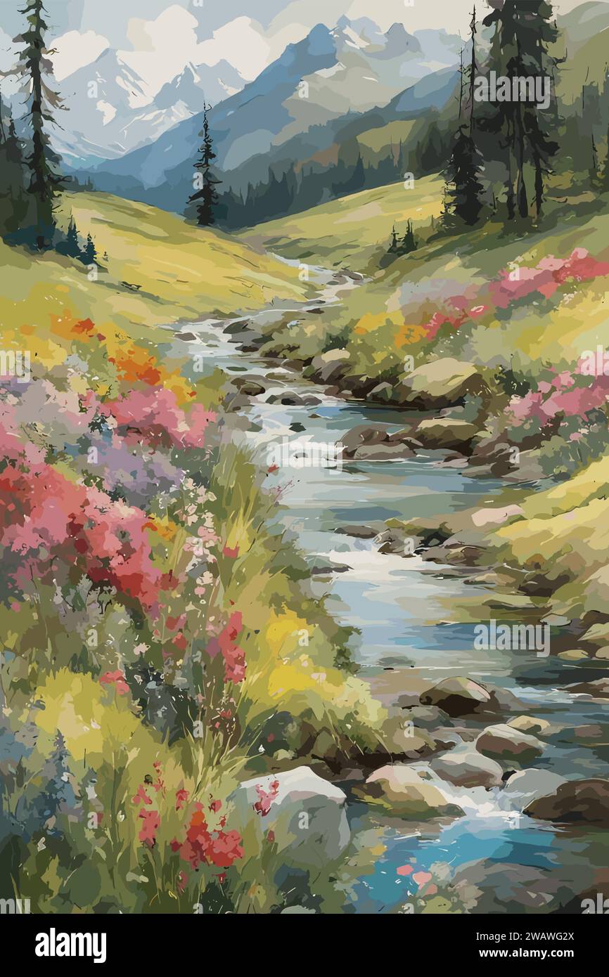Vintage watercolor painting of mountain valley meadow flower valley ...