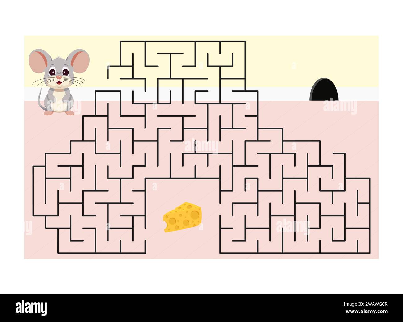 Vector illustration. Children s puzzle game. Help the mouse find the cheese and get out of the ...