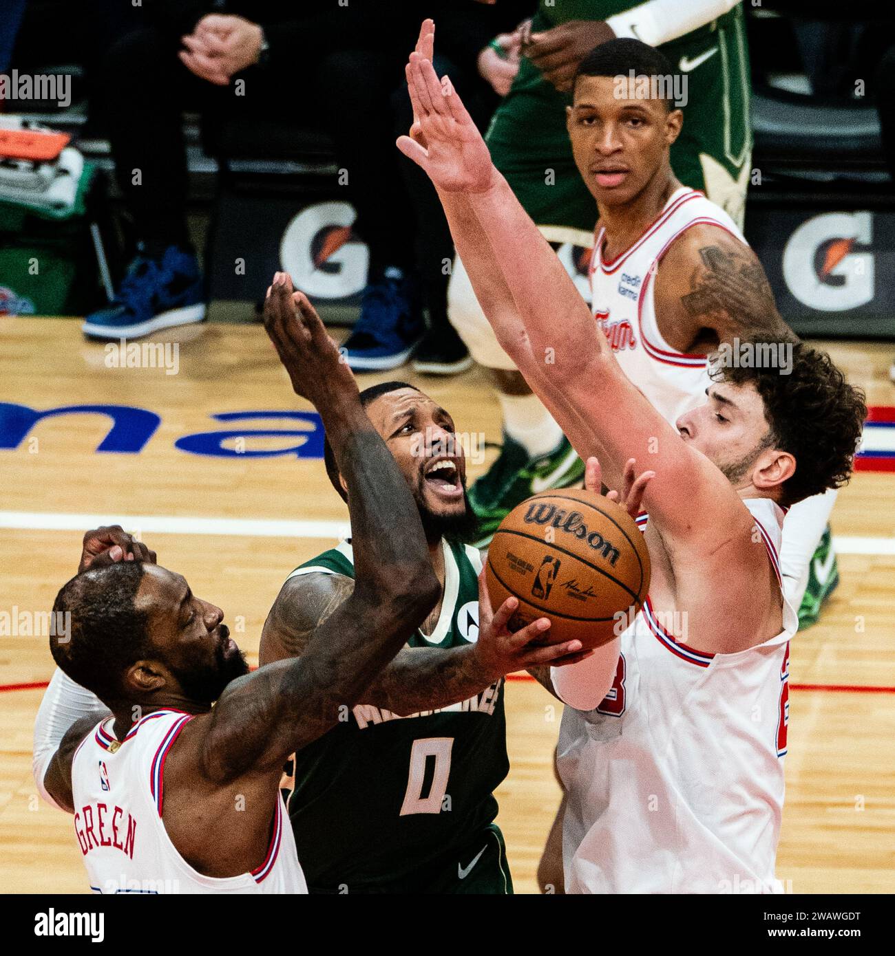 Houston, USA. 6th Jan, 2024. Damian Lillard (2nd L) of Milwaukee Bucks ...