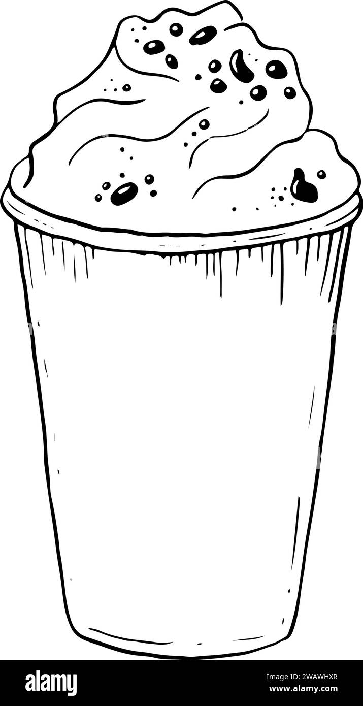 Vector milkshake with whipped cream and chocolate chips black white ink ...