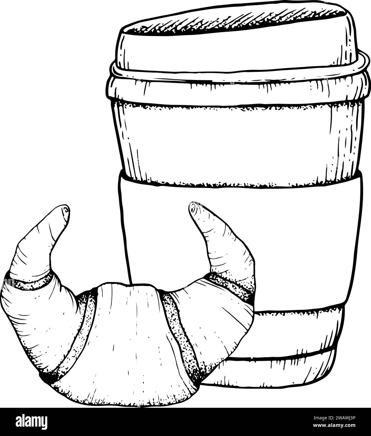 Take away coffee cup with butter croissant black and white line vector ...