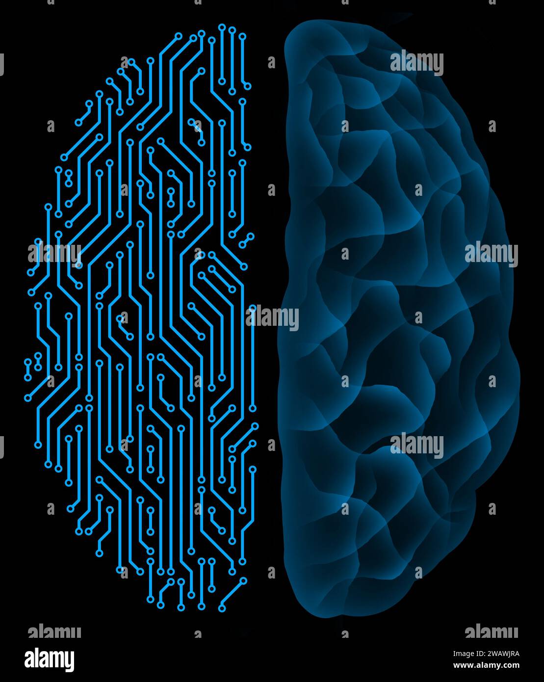 artificial intelligence concept with half circuit human brain and half holographic neon glow ...