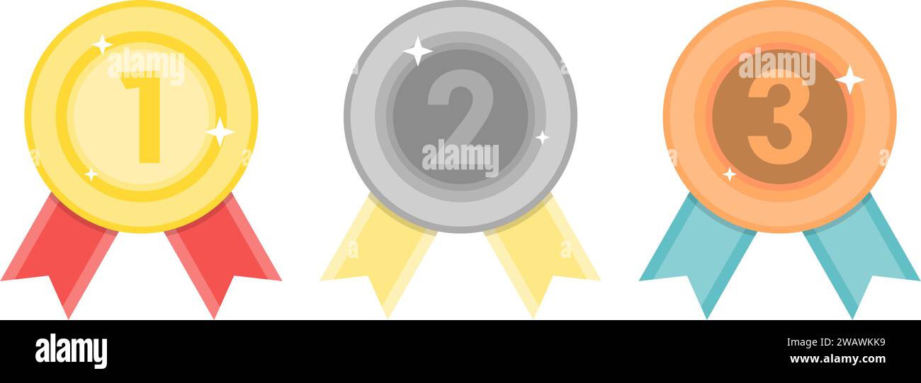 Medal for winner, golden silver and bronze with ribbon as reward, award ...