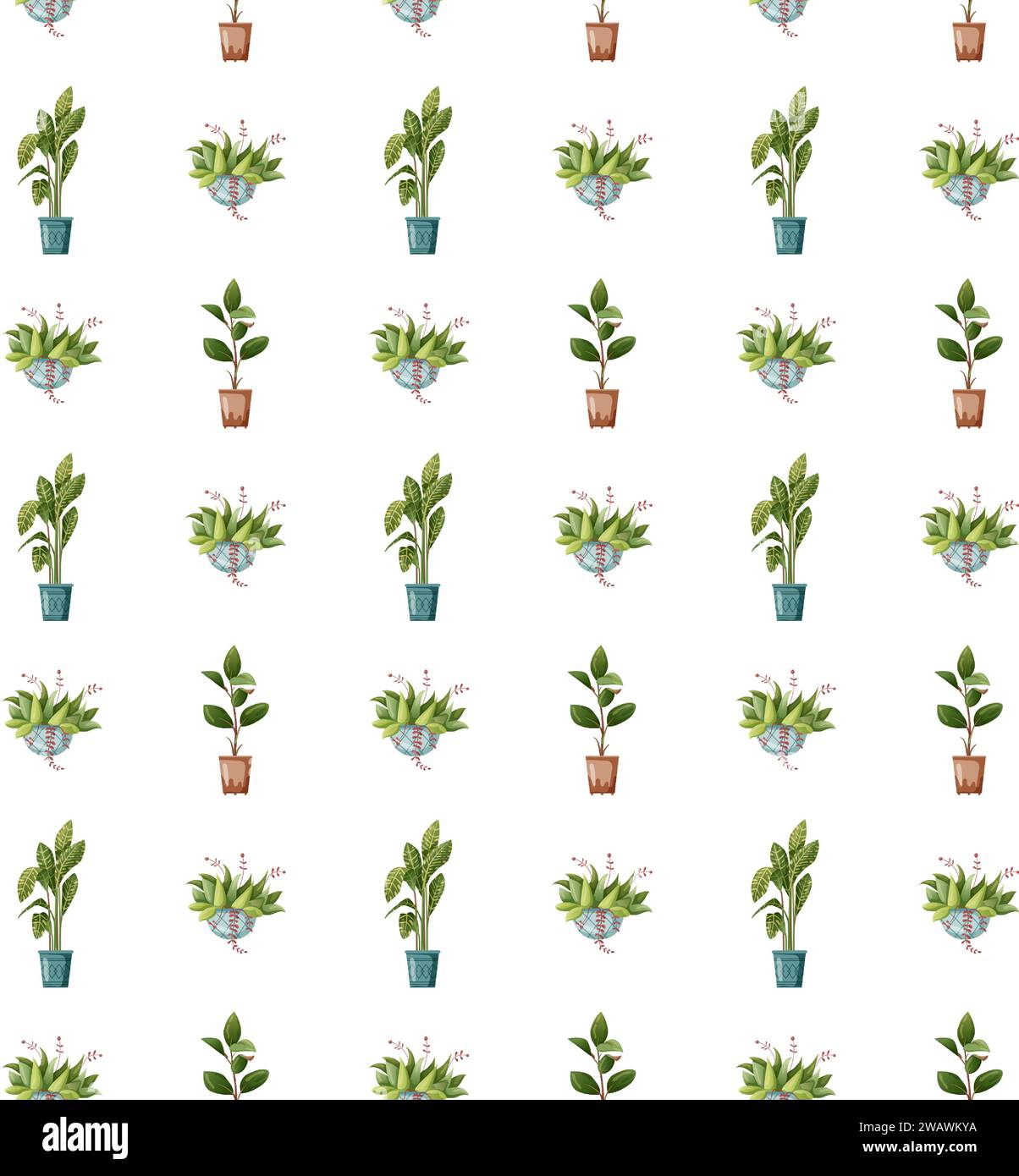 Seamless pattern. Houseplant plant growing in pots. Set of handmade ...