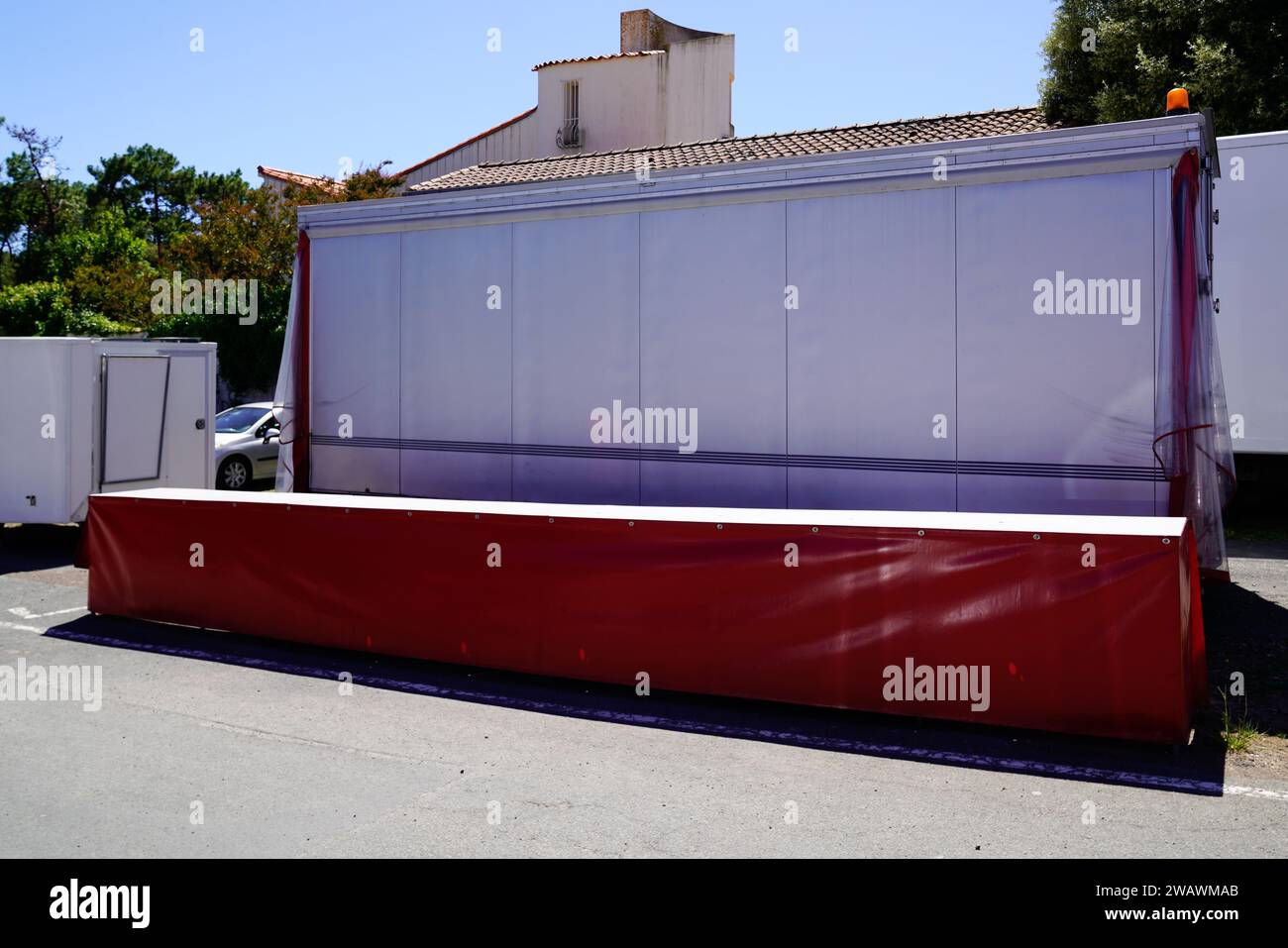 truck trailer for fairground stand closed attraction in city funfair or ...