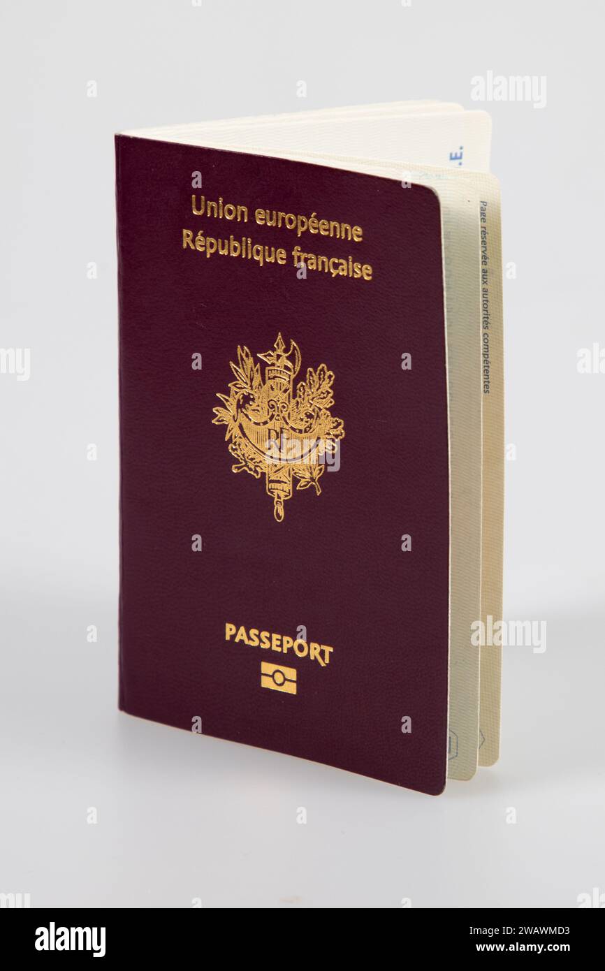 French european passeport standing open isolated on white background ...