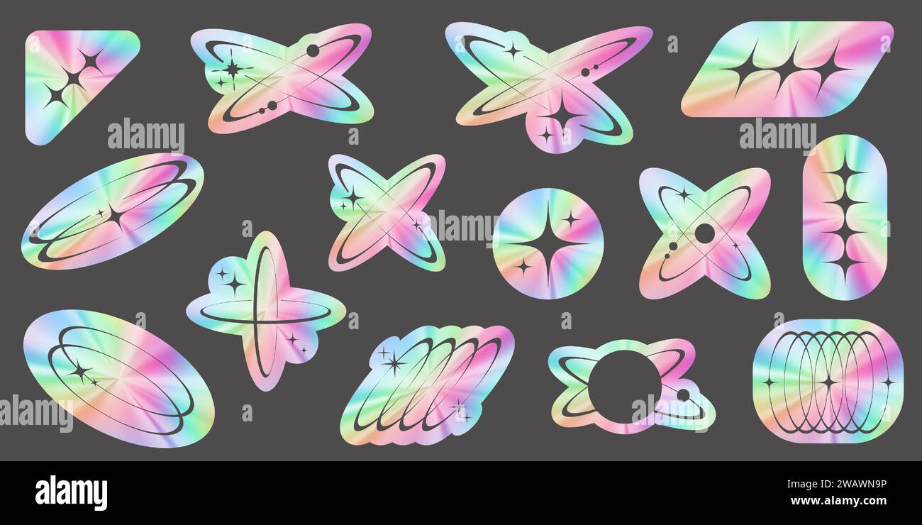 Y2k holographic stickers set. Retro gradient foil shapes and futuristic labels. 2000s rave neon ...