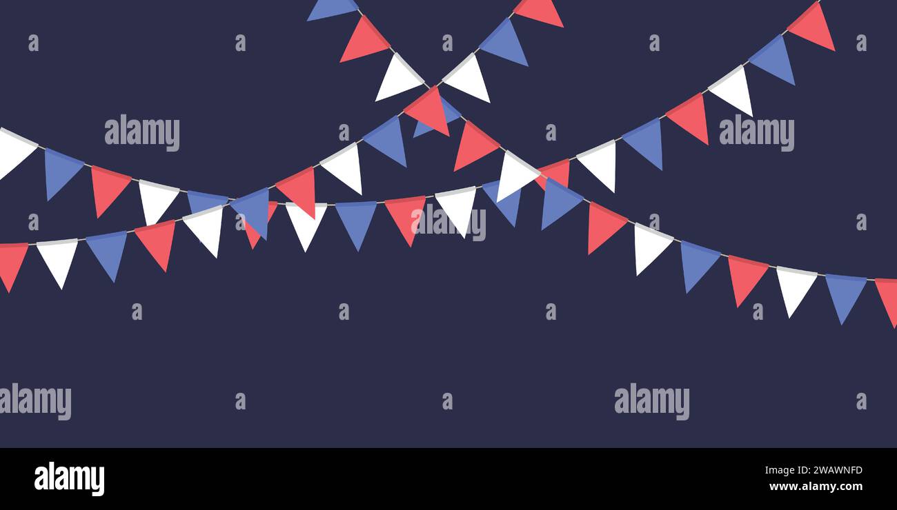 White, blue and red flag garland. Triangle pennants chain. Party ...