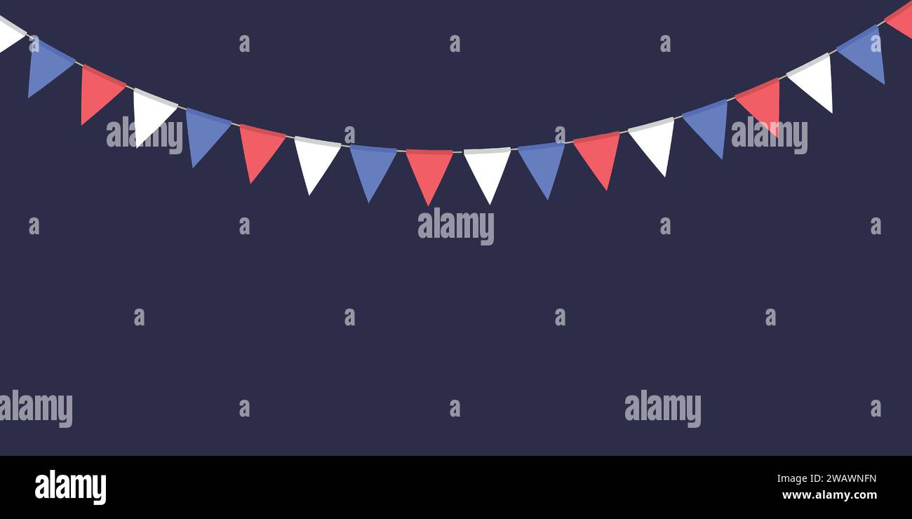 White, blue and red flag garland. Triangle pennants chain. Party ...