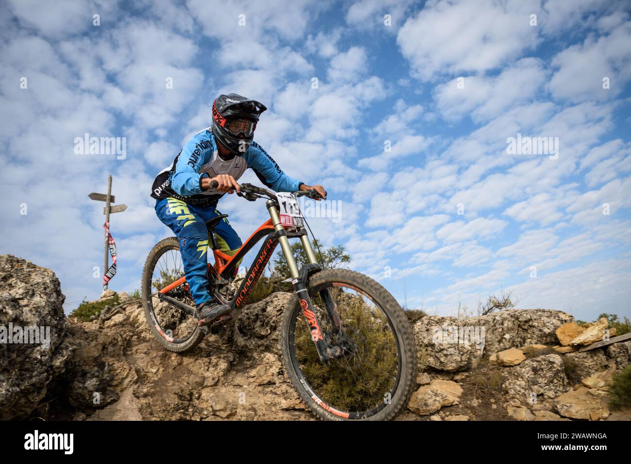 Cyclist on a MTB downhill mountain bike Stock Photo - Alamy