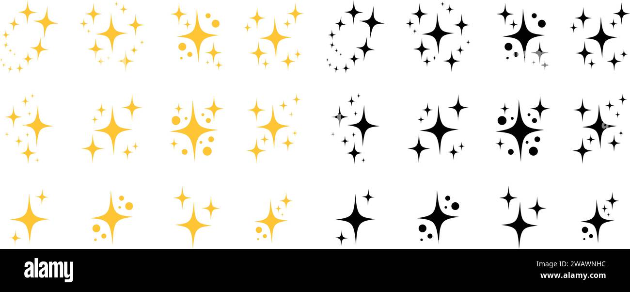 Yellow and black sparkles set, sparkling stars, shiny flashes of fireworks. Collection original ...