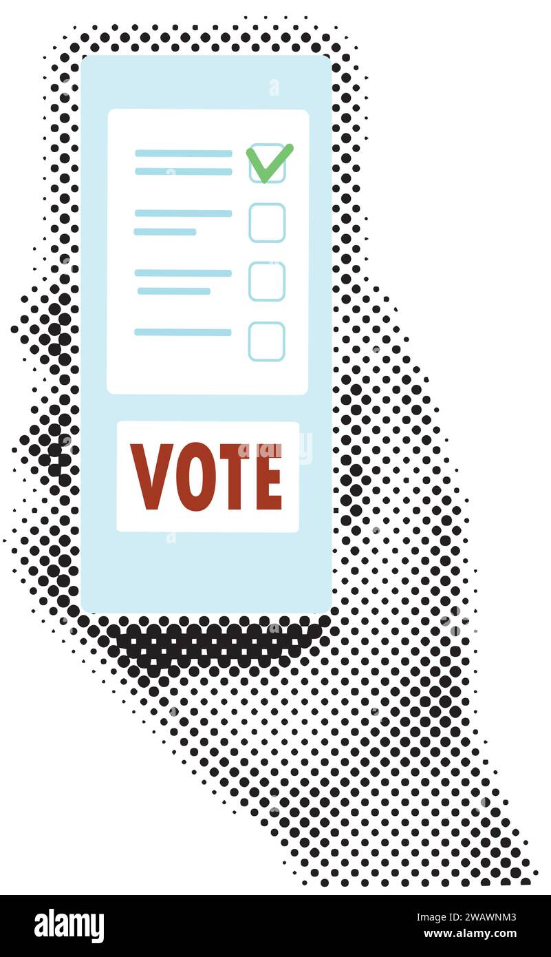 Halftone collage hand holding smartphone with vote button on display ...
