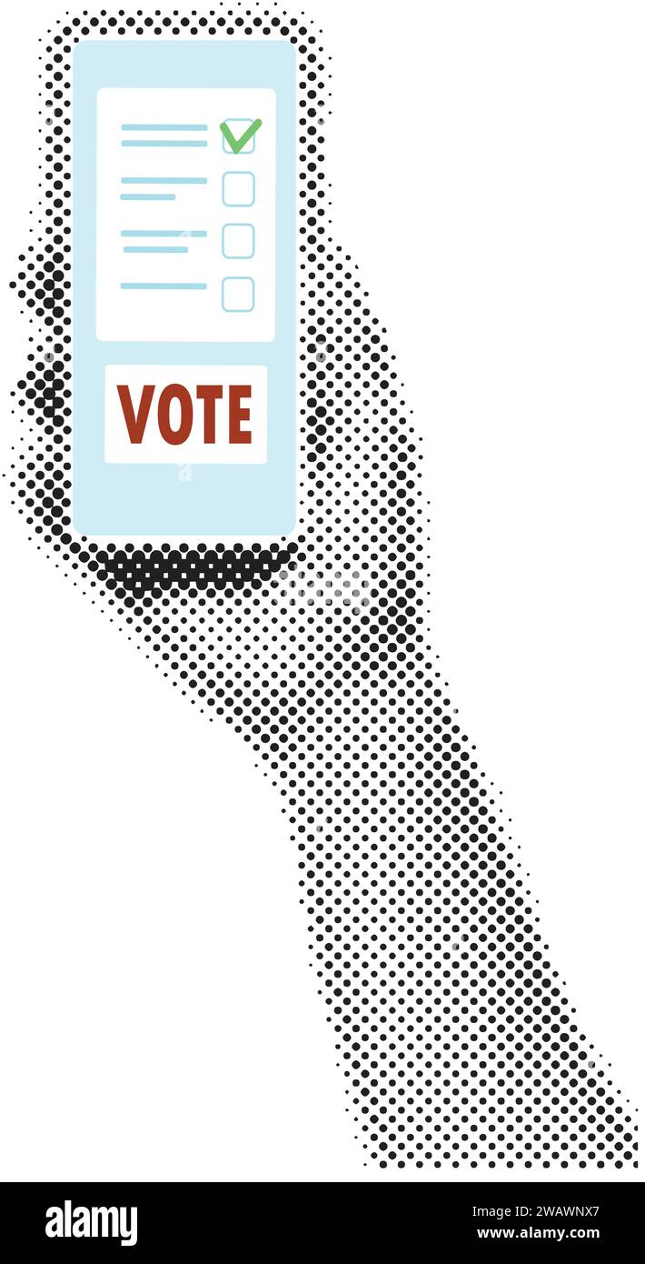 Halftone collage hand holding smartphone with vote button on display ...