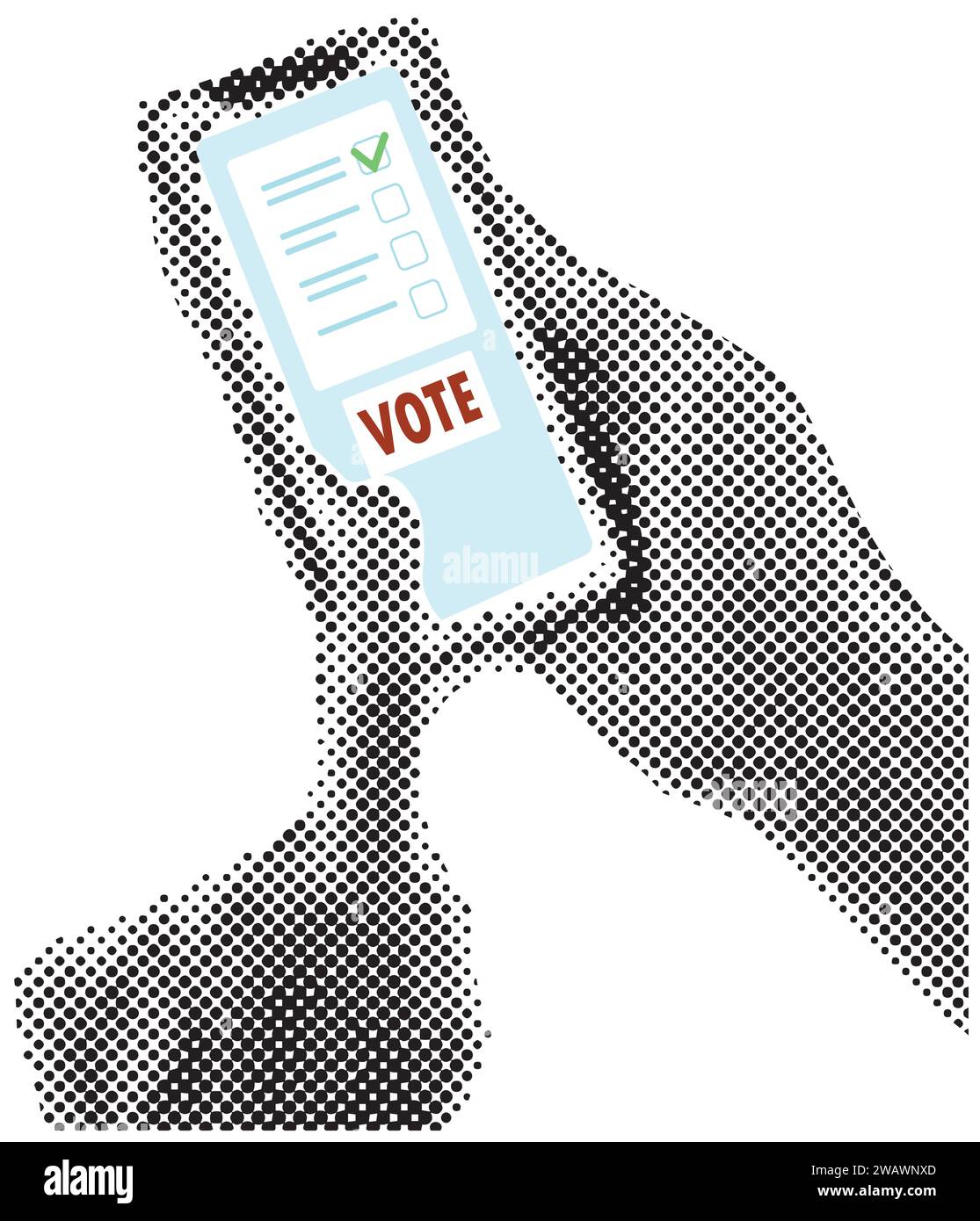 Halftone collage hands holding smartphone with vote button on display ...