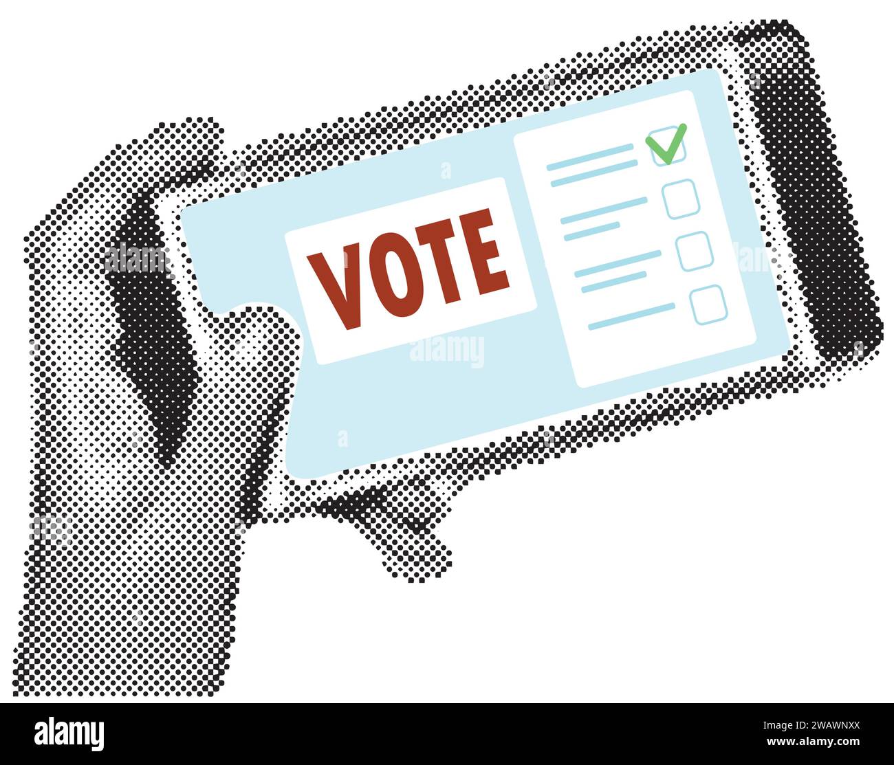 Halftone collage hand holding smartphone with vote button on display. Online voting and election ...