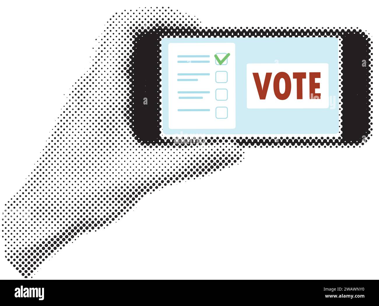 Halftone collage hand holding smartphone with vote button on display. Online voting and election ...