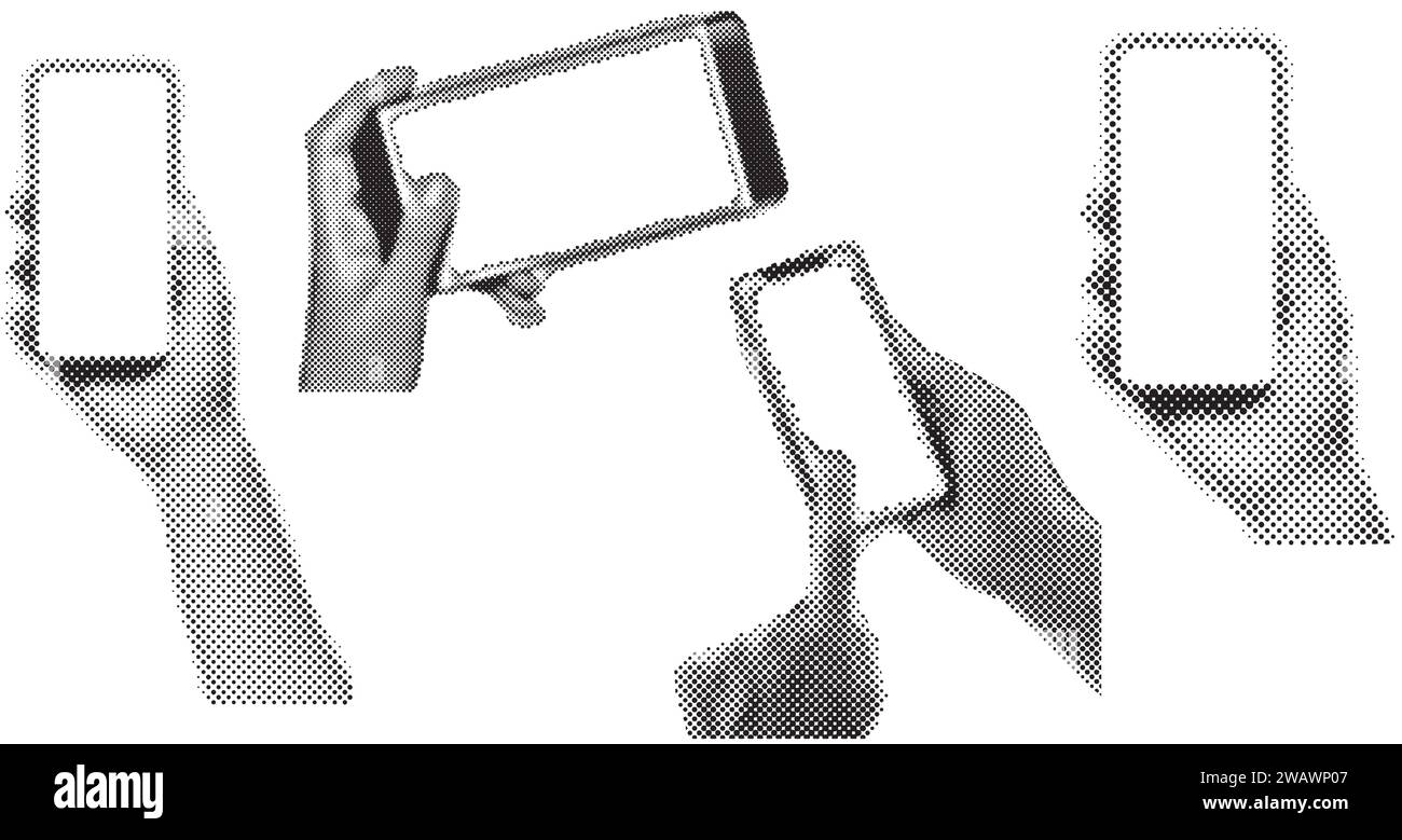 Set of halftone hands with smartphone.Illustration with hand holding ...