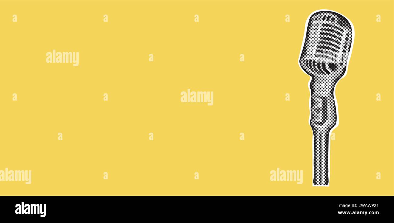 Retro style microphone. Trendy halftone style. Collage design in trendy ...