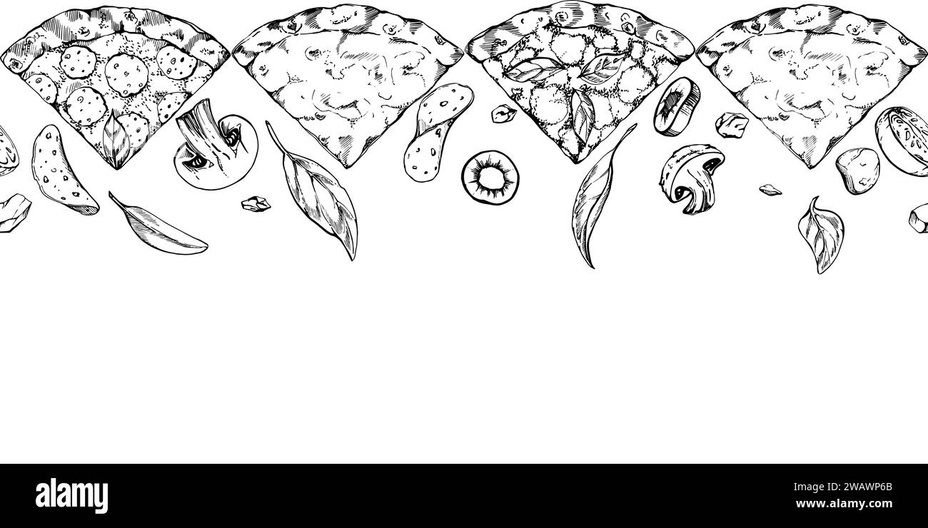 Hand drawn vector ink illustration. Pizza slices and toppings ...