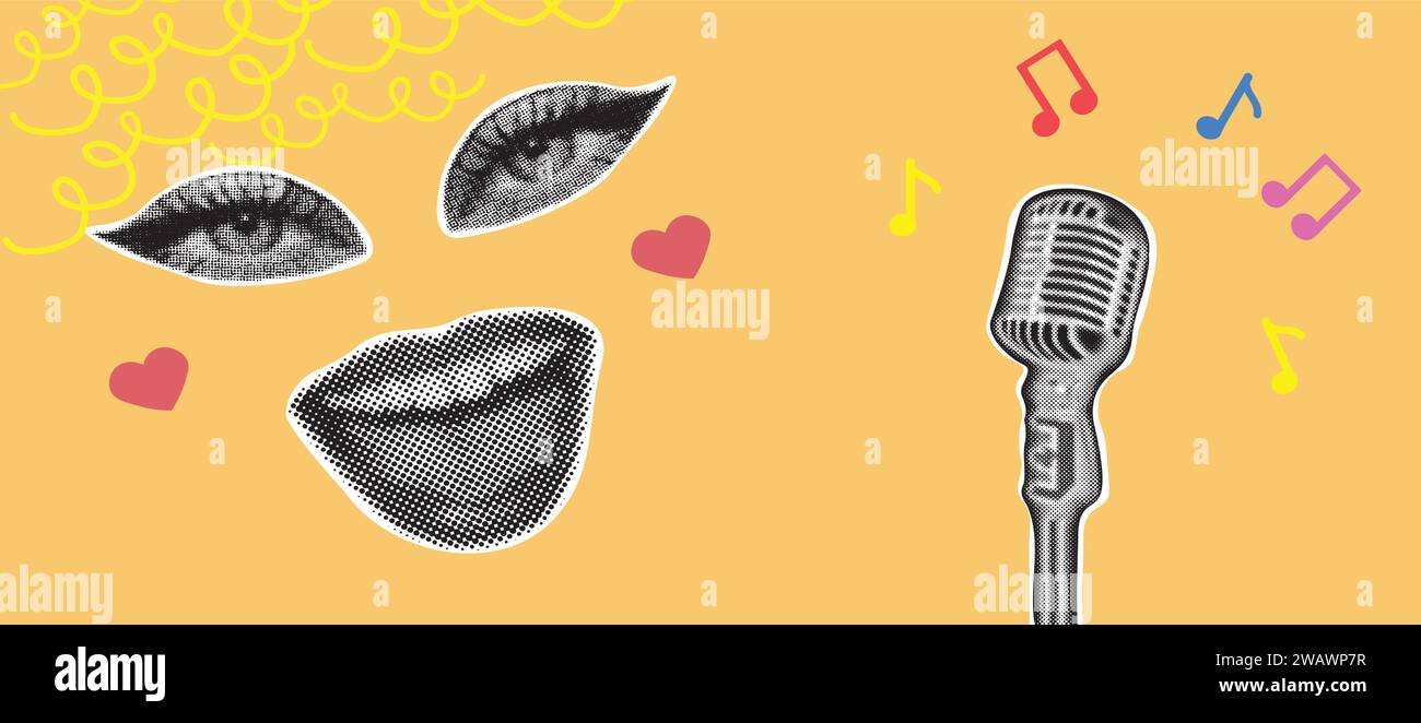 Trendy halftone collage banner. Elements cut out from a magazine, mouth ...