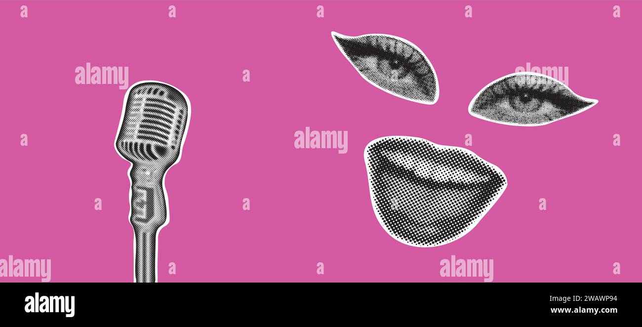 Trendy halftone collage banner. Elements cut out from a magazine, mouth ...