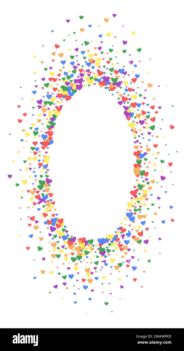 Heart confetti valentine overlay. Rainbow colored scattered hearts. LGBT valentine card. Joyfull ...