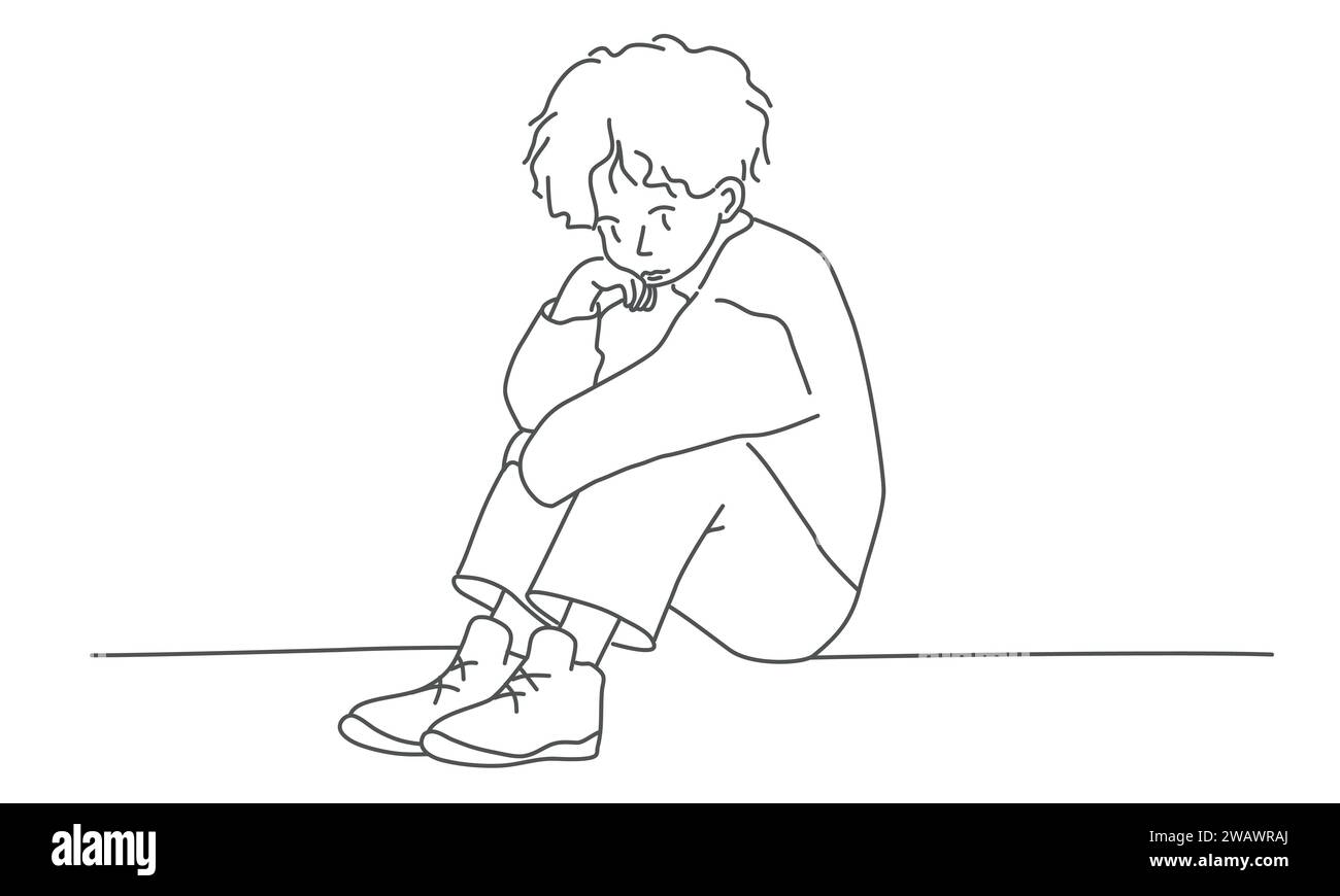 Sad, depressed boy sitting alone. Emotional pose, face. Psychology ...