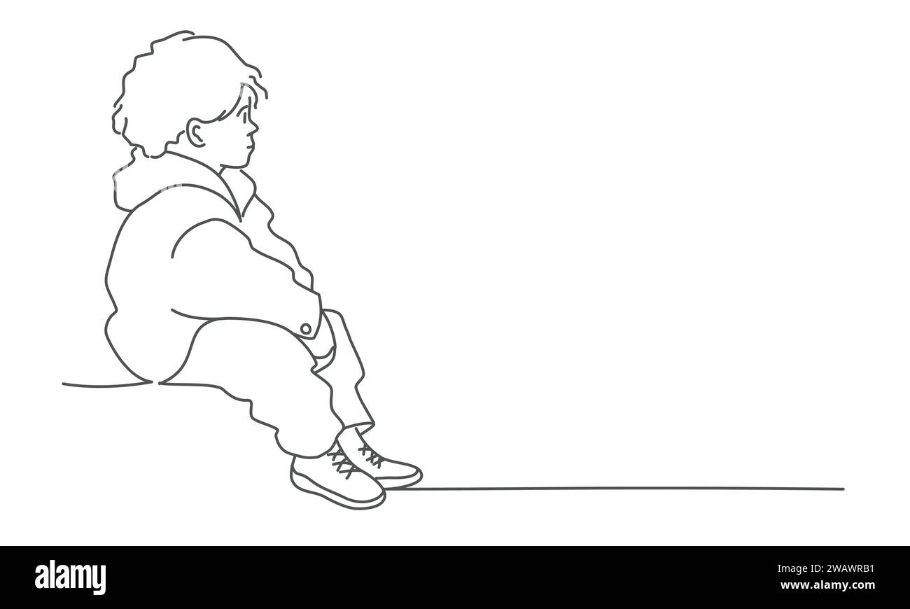 Cute little boy sitting alone. Hand drawn vector illustration. Black ...