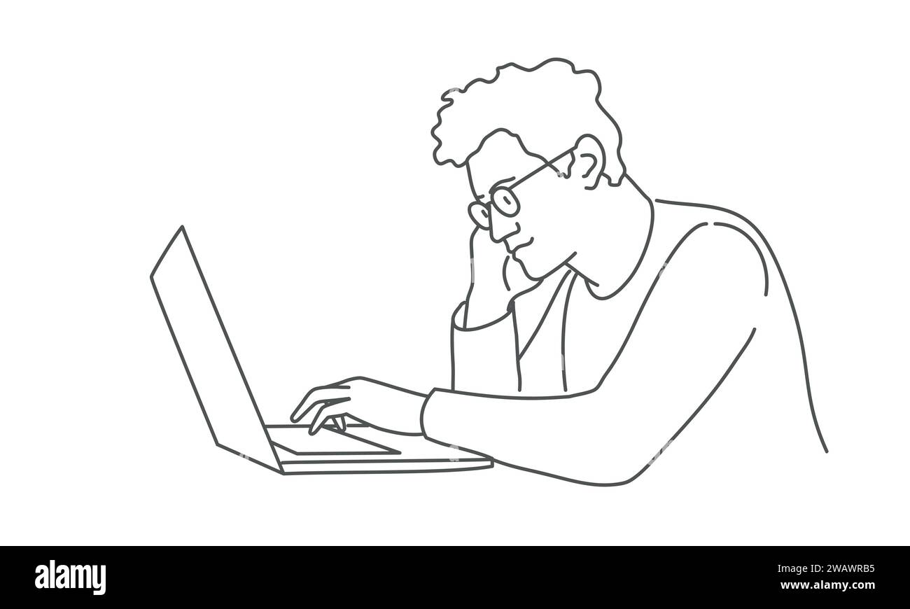 Young guy with glasses works at laptop. Hand drawn vector illustration ...