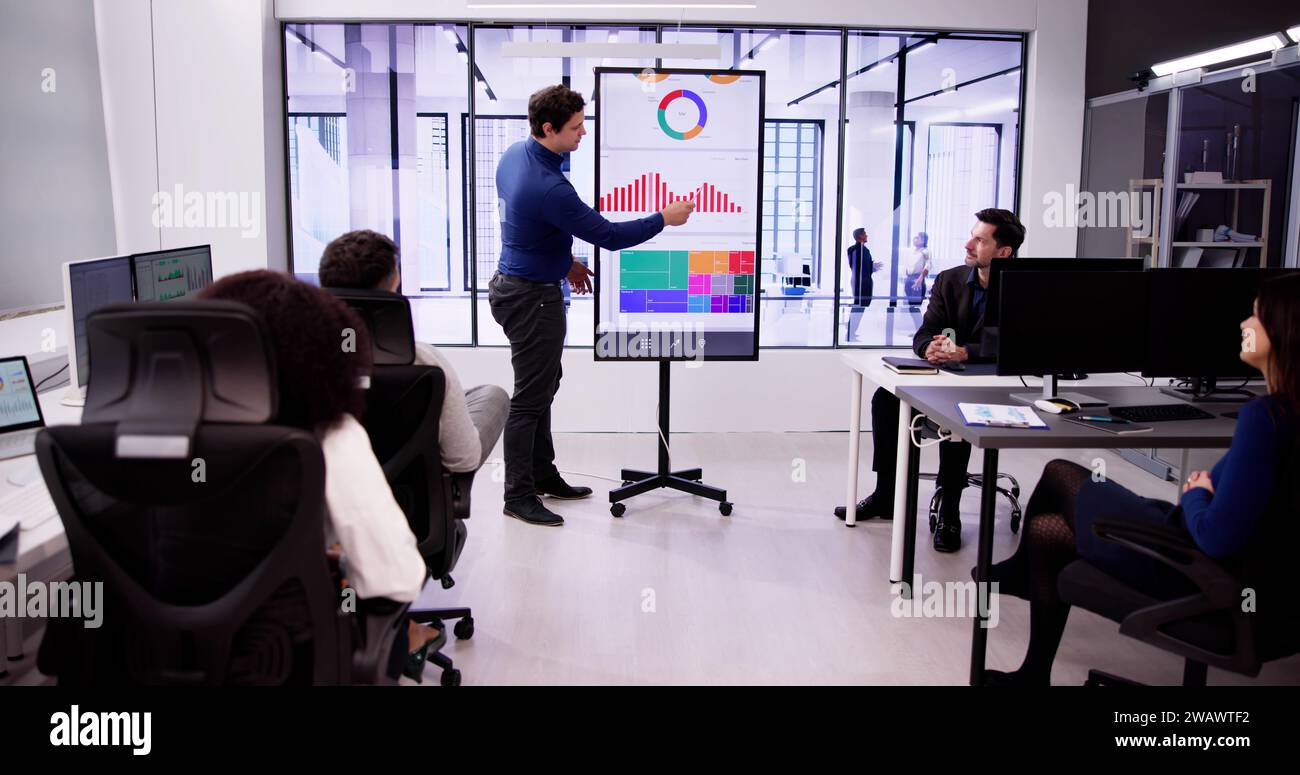 Diverse Team Meeting With TV Screen. Presenter With Dashboard Stock ...