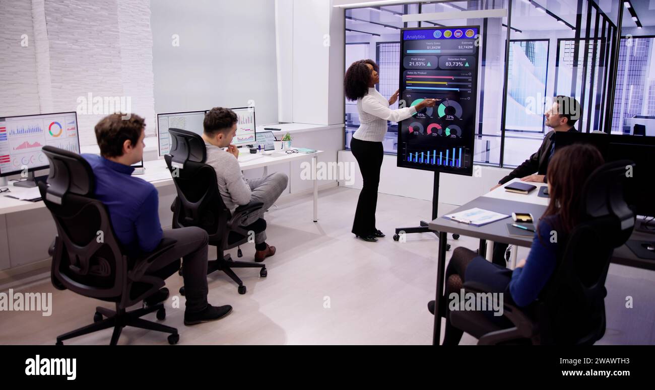 Diverse Team Meeting With TV Screen. Presenter With Dashboard Stock ...