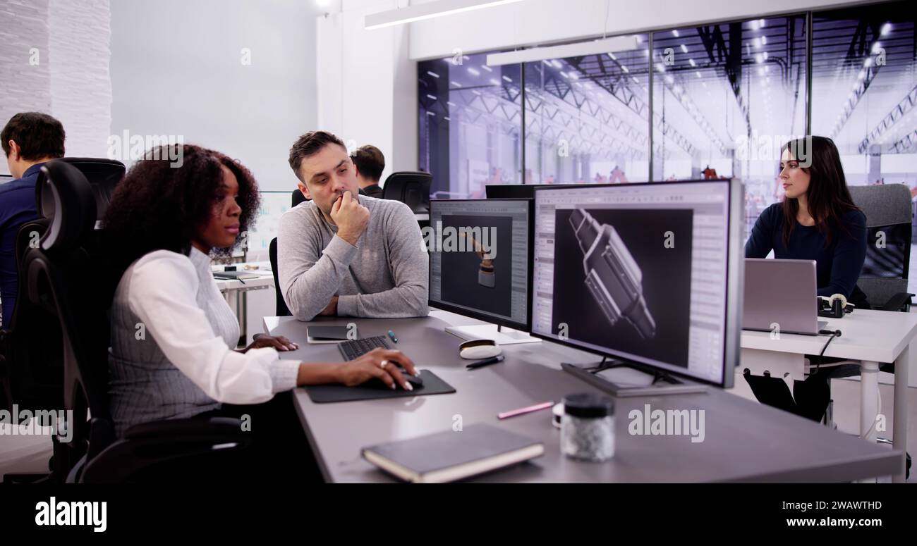 Industrial Engineers In Factory. Robot Design Innovation Stock Photo ...