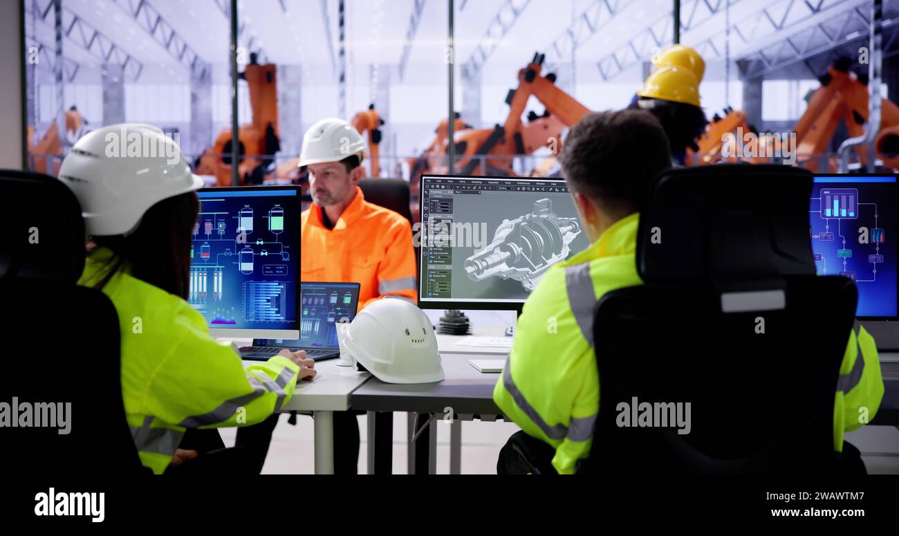 Engineer Doing 3D CAD Model Design On Computer At Factory Stock Photo ...