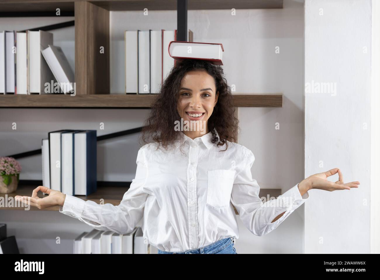 portrait happy business woman worker funny yoga pose relax smiling ...