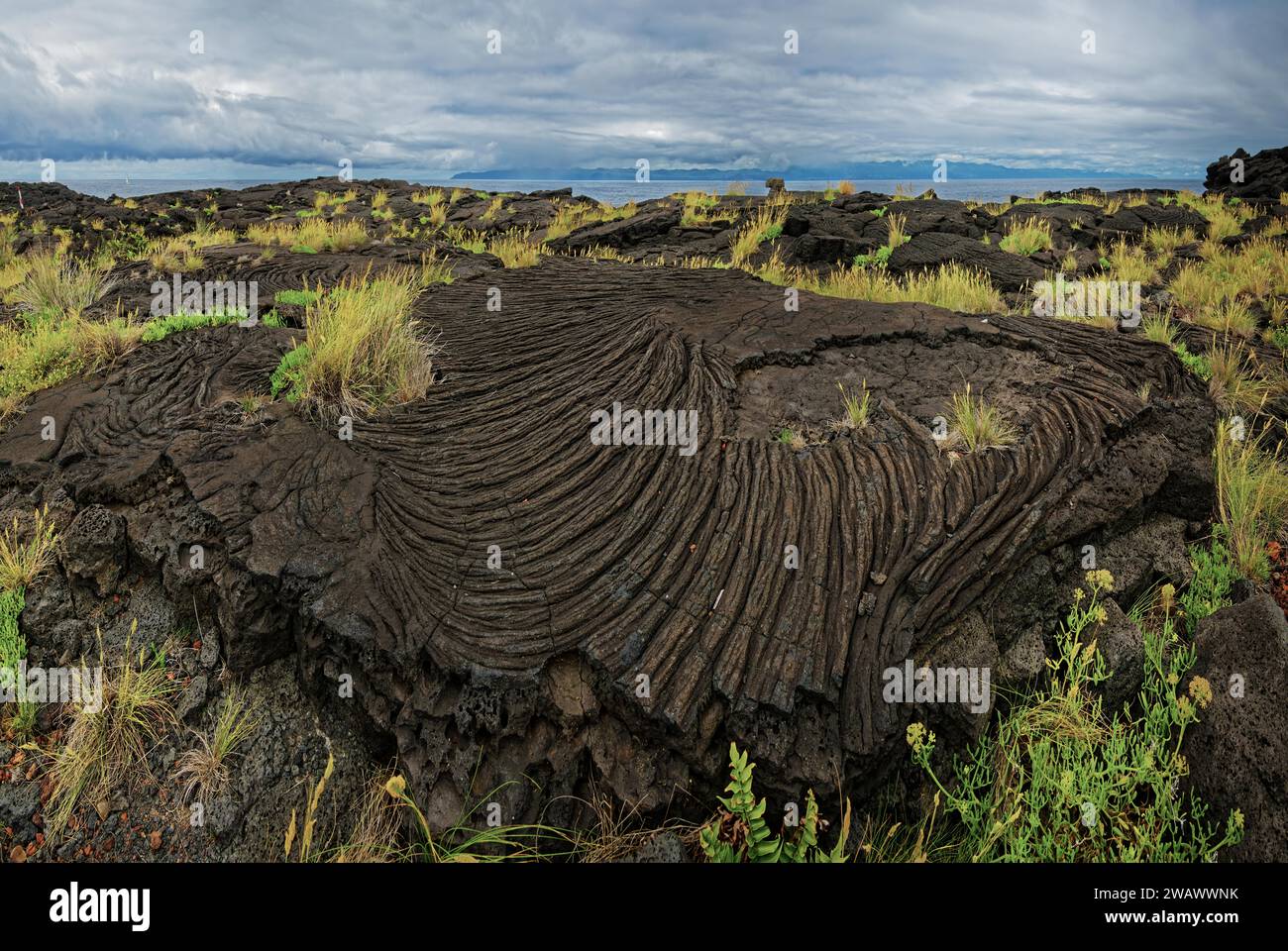 Large spiral lava formation with small tufts of grass under a cloudy ...