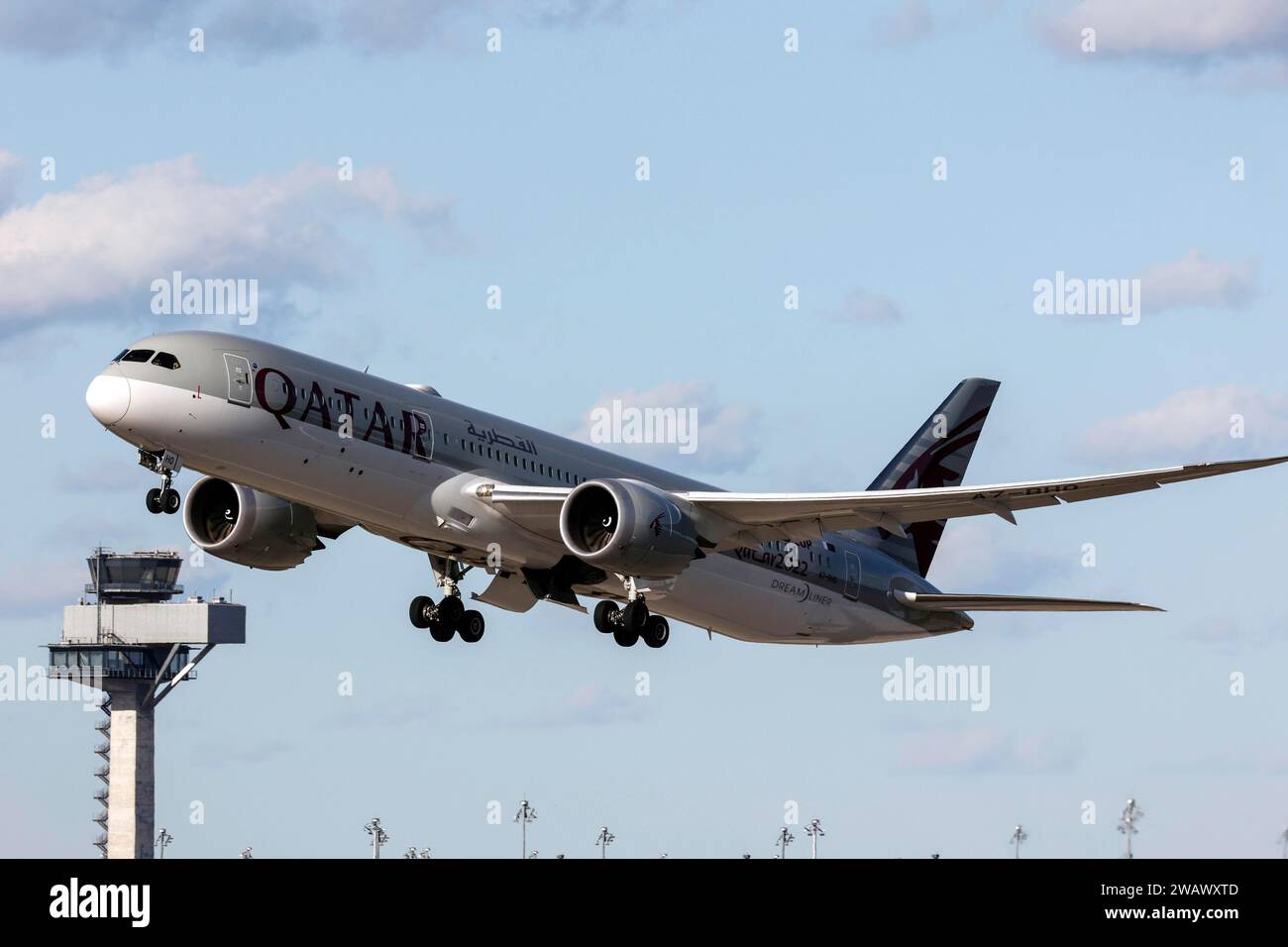 A Boeing 787-9 Dreamliner operated by Qatar Airways takes off from BER ...