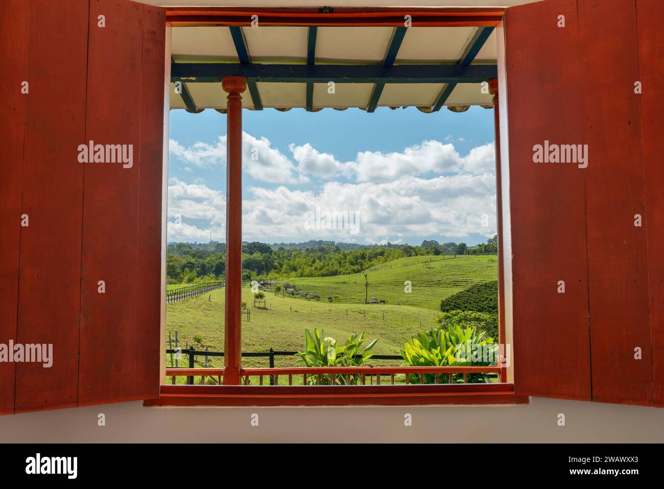 View of Colombia rural country with cows from cottage window - stock ...